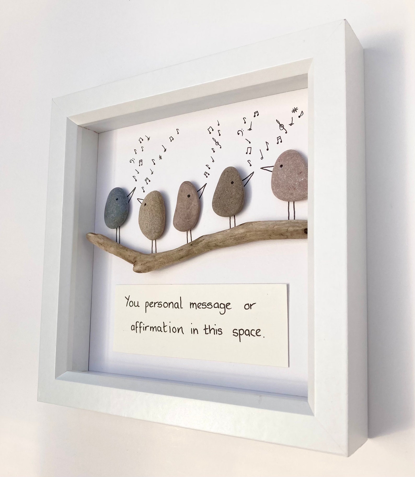Personalised Pebble Bird Art, Singing Birds on Driftwood Picture ...