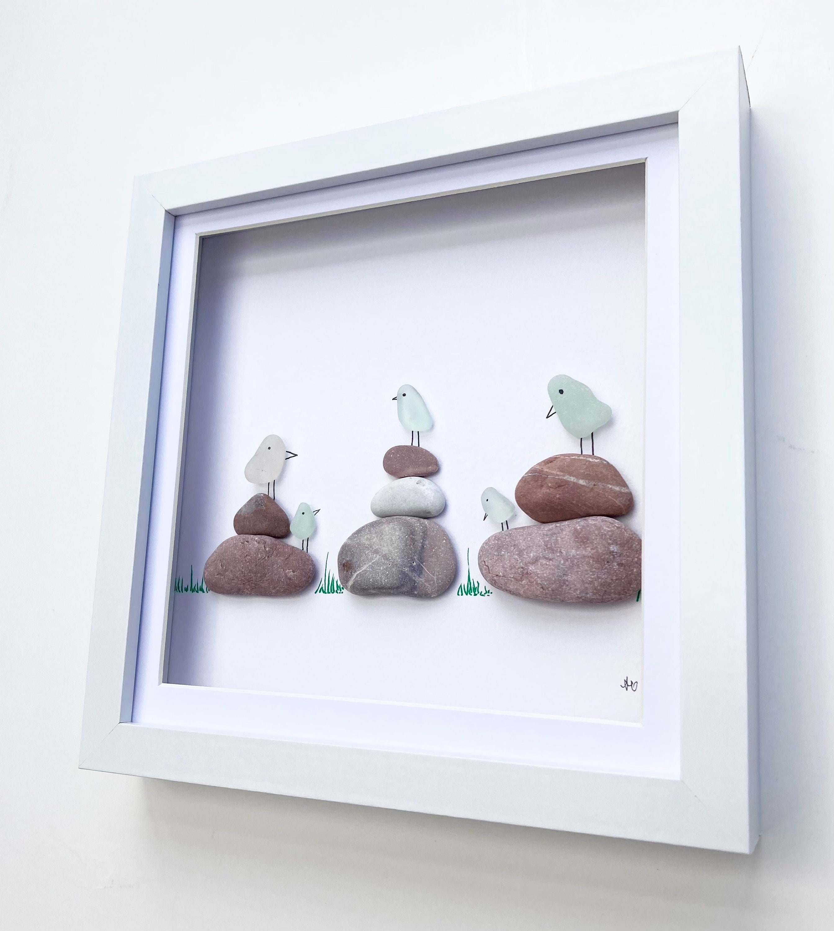 Sea Glass Pebble Birds on Pink Rock Piles Framed Wall Art, Unique Bird ...