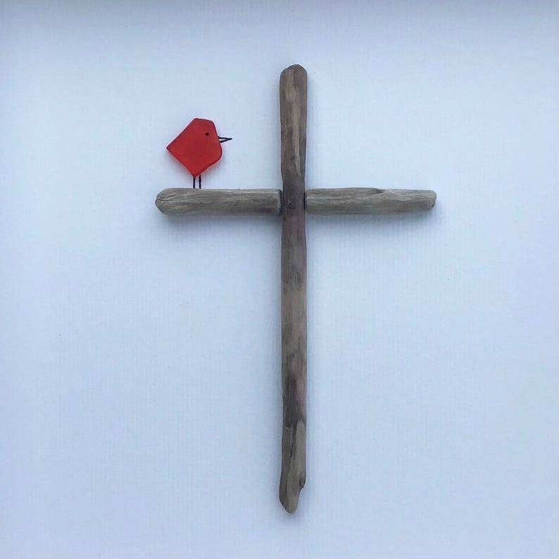 Red Sea Glass Cardinal Bird on Driftwood Cross, Unique Remembrance Gift ...