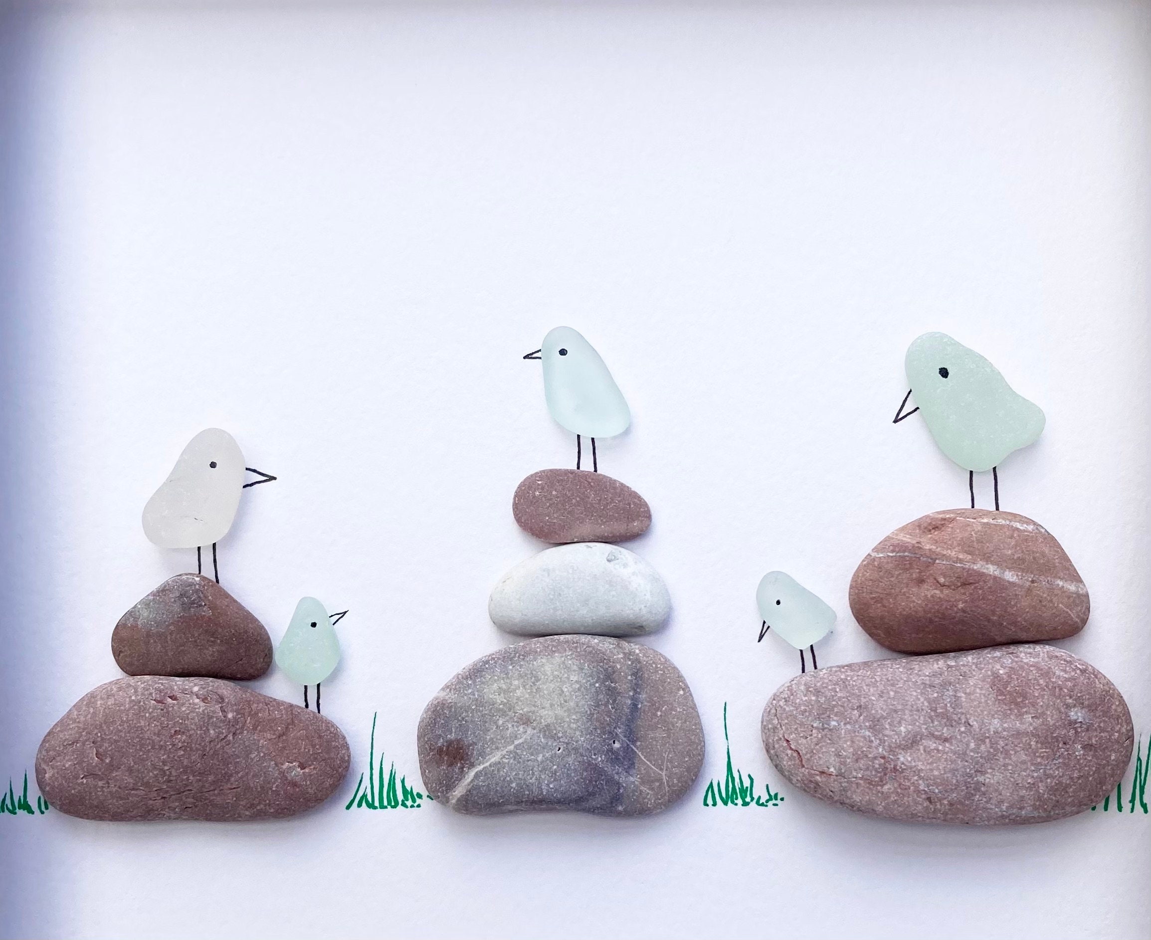 Sea Glass Pebble Birds on Pink Rock Piles Framed Wall Art, Unique Bird ...