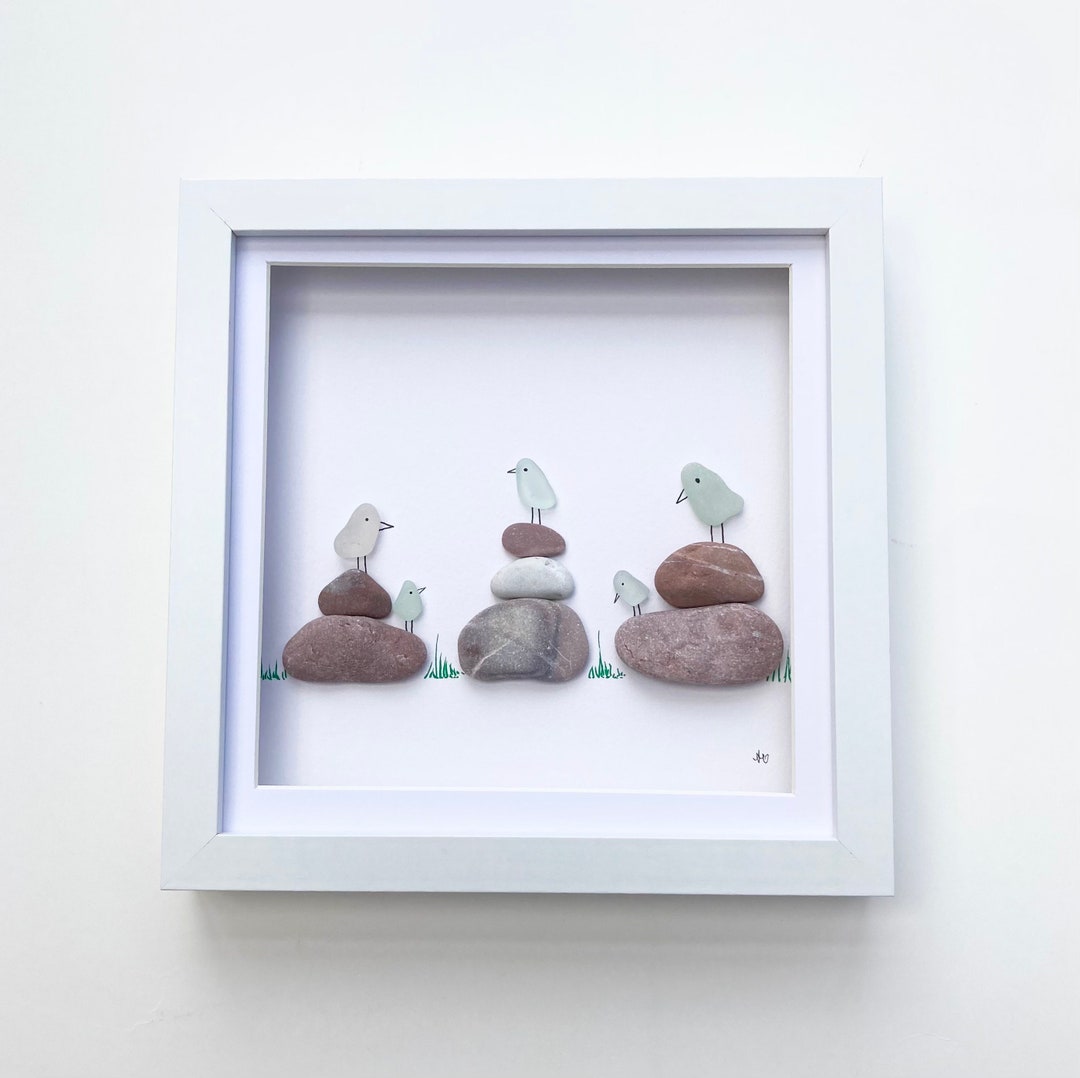 Sea Glass Pebble Birds on Pink Rock Piles Framed Wall Art, Unique Bird ...