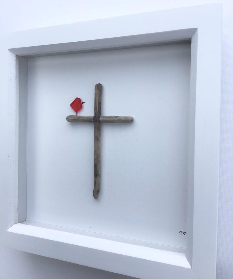 Red Sea Glass Cardinal Bird on Driftwood Cross, Unique Remembrance Gift ...