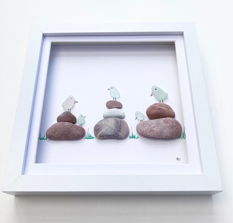 Sea Glass Pebble Birds on Pink Rock Piles Framed Wall Art, Unique Bird ...