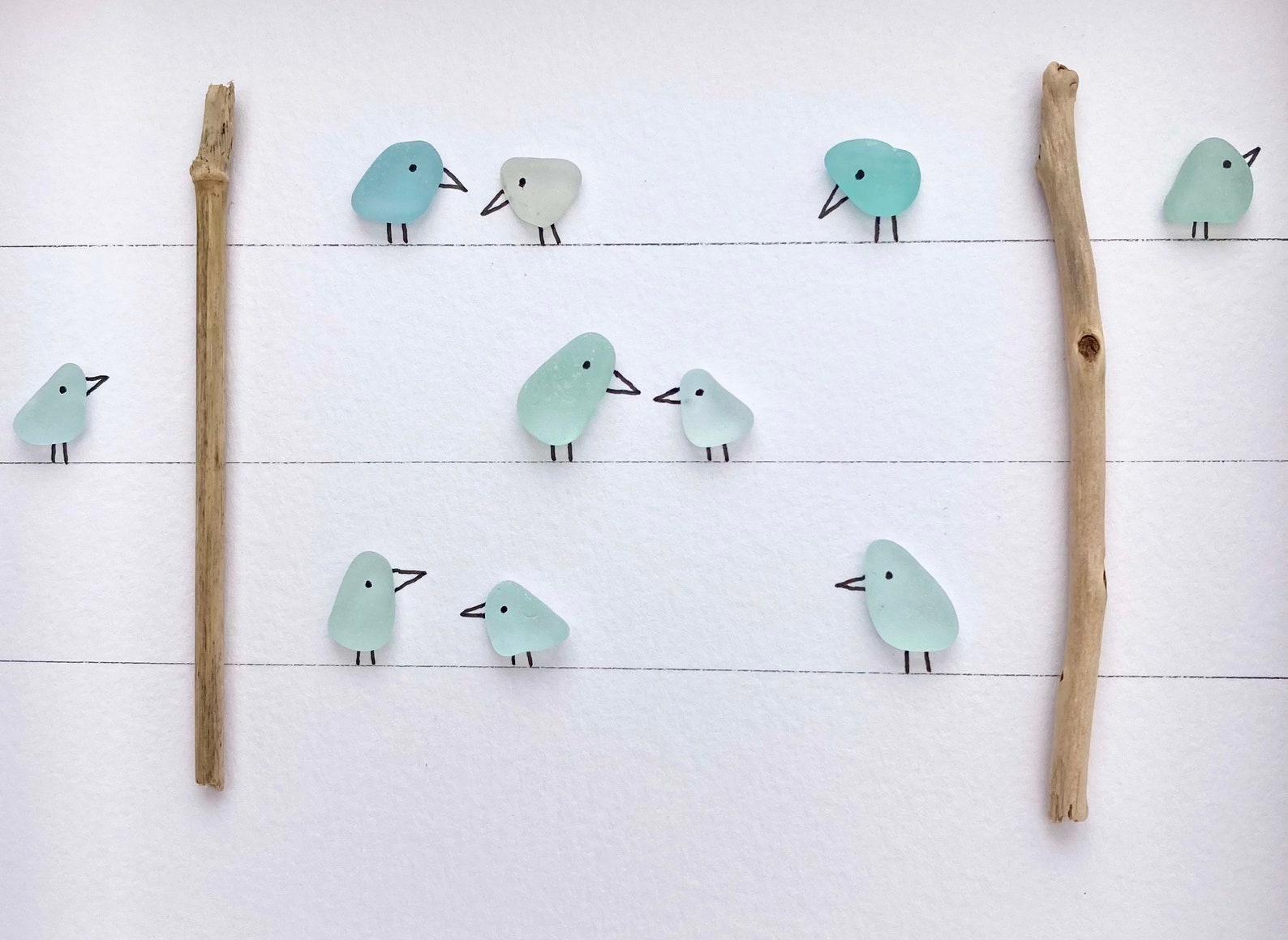 Blue Sea Glass Pebble Birds on Driftwood Fence Framed Picture, Handmade ...
