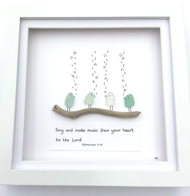 Sea Glass Christian Art, Four Singing Birds on Driftwood, Bible Quote ...