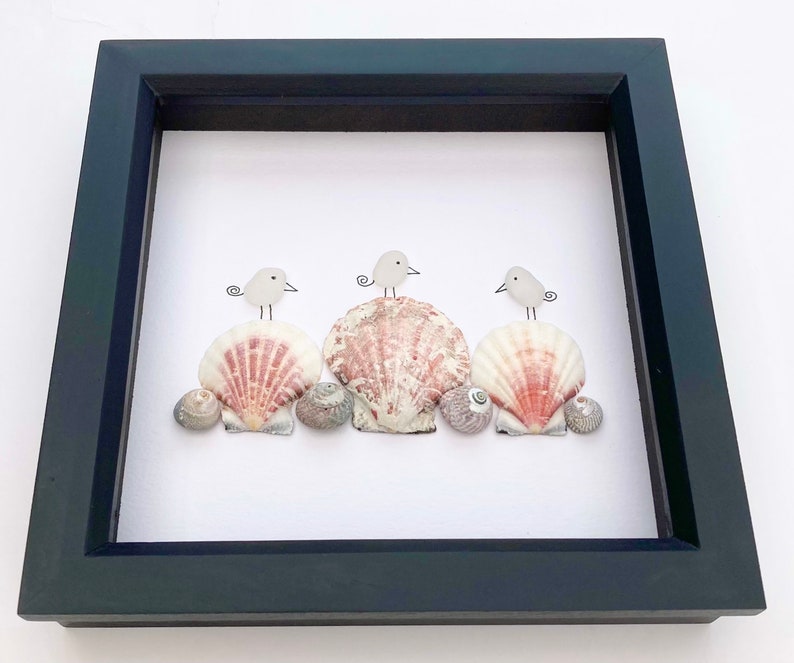 Sea Glass Pebble Birds on Pink Shells Framed Art, Unique Bathroom Wall ...