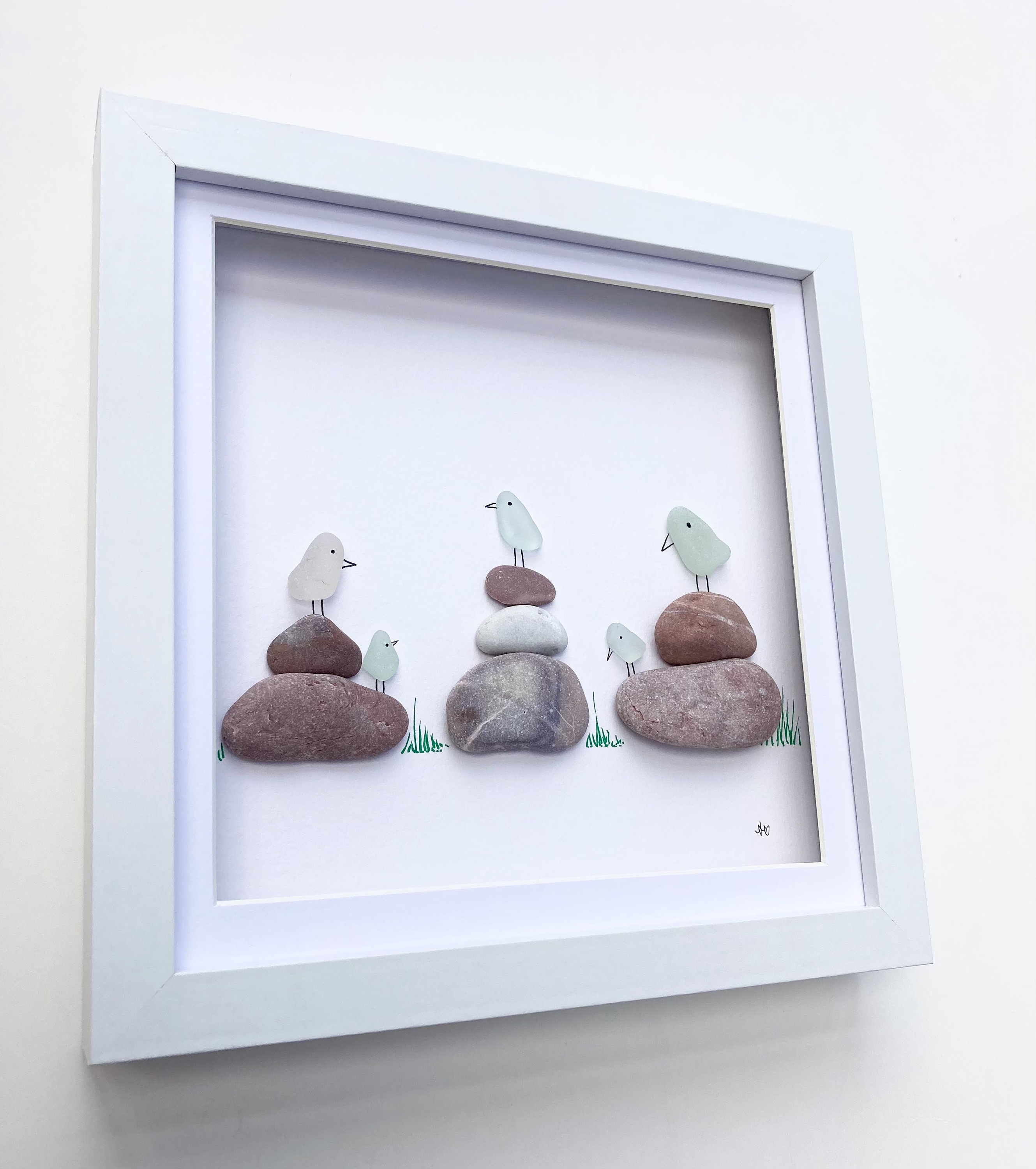 Sea Glass Pebble Birds on Pink Rock Piles Framed Wall Art, Unique Bird ...