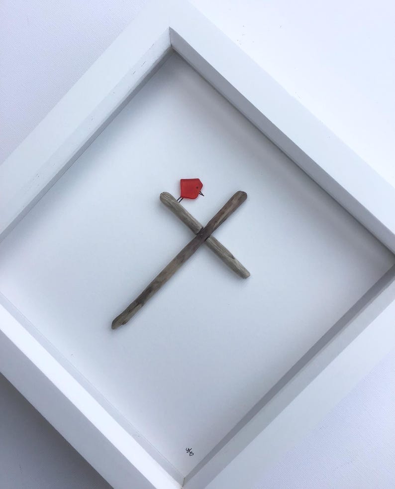 Red Sea Glass Cardinal Bird on Driftwood Cross, Unique Remembrance Gift ...