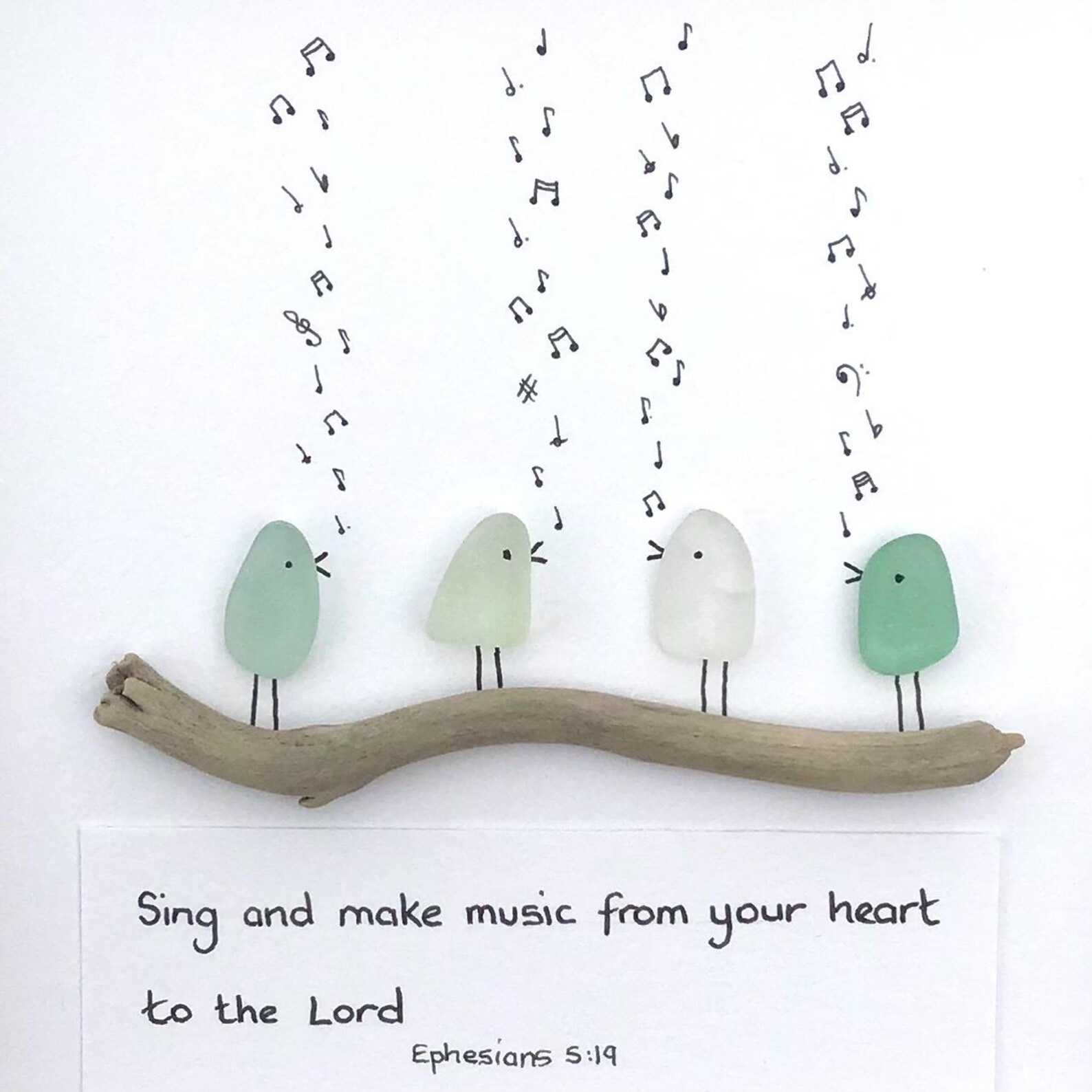 Sea Glass Christian Art, Four Singing Birds on Driftwood, Bible Quote ...