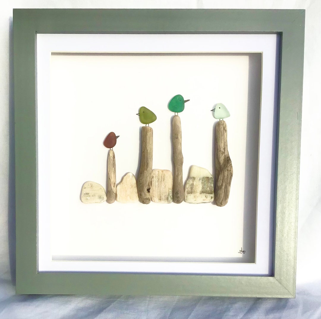 Sea Glass Pebble Birds on Driftwood With Rocks Framed Picture - Etsy