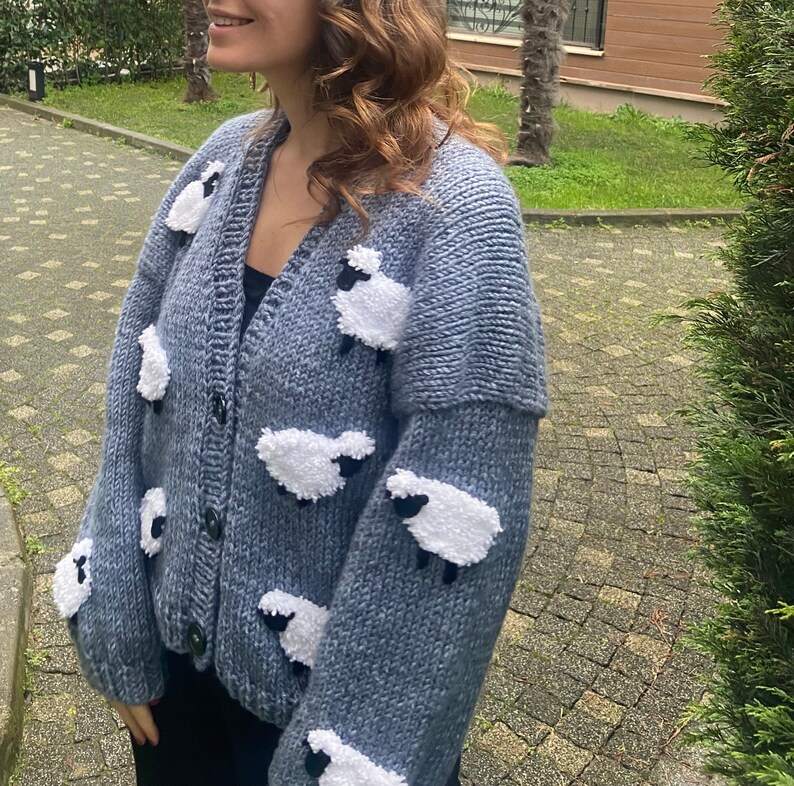 Sheep Cardigan Hand Knitted Sheep Embroidered Jacket Chunky Sheep Knit ...