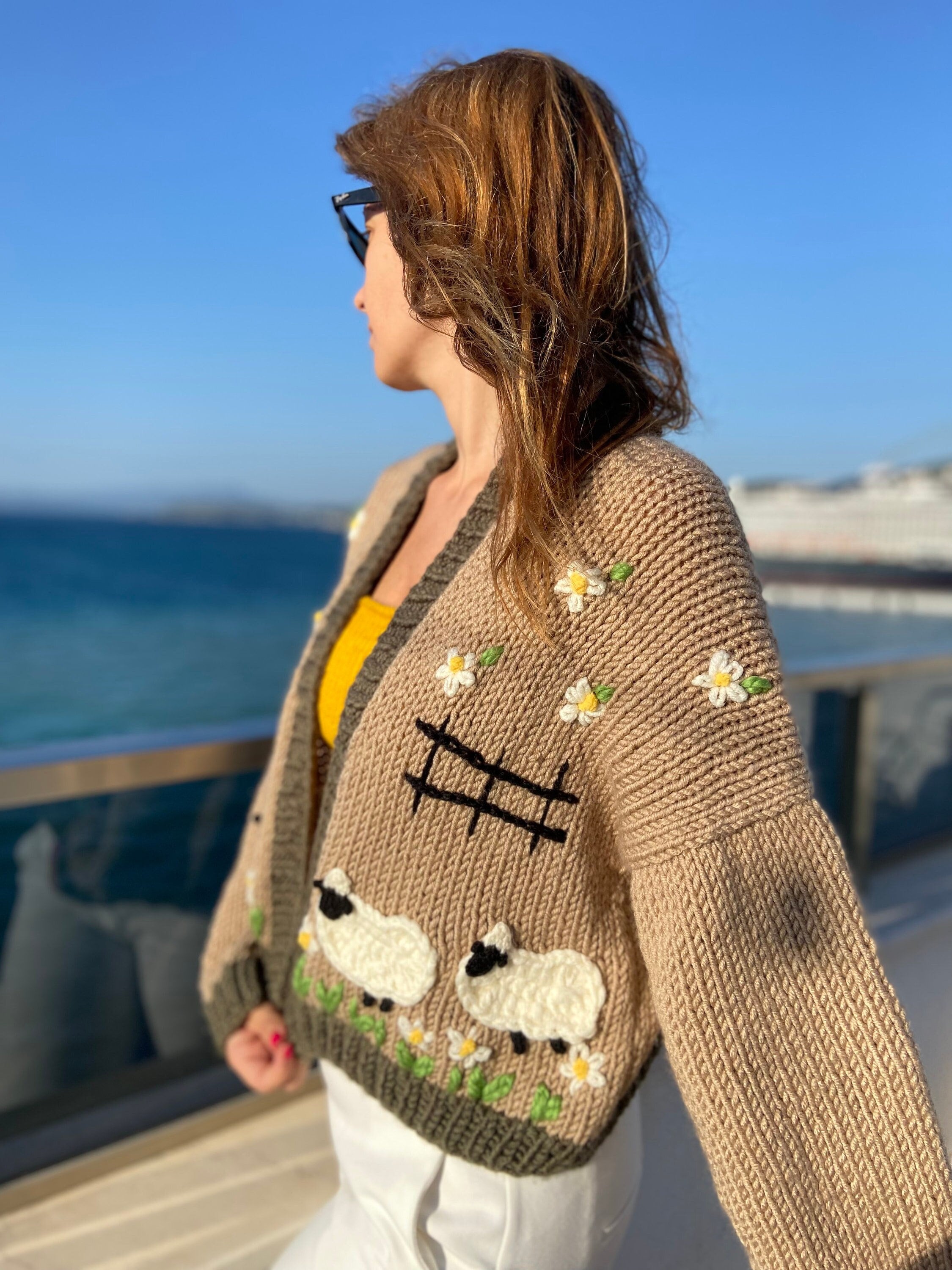 Sheep Daisy Cardigan Chunky Lamb Flower Jacket Natural Colour Knitted ...