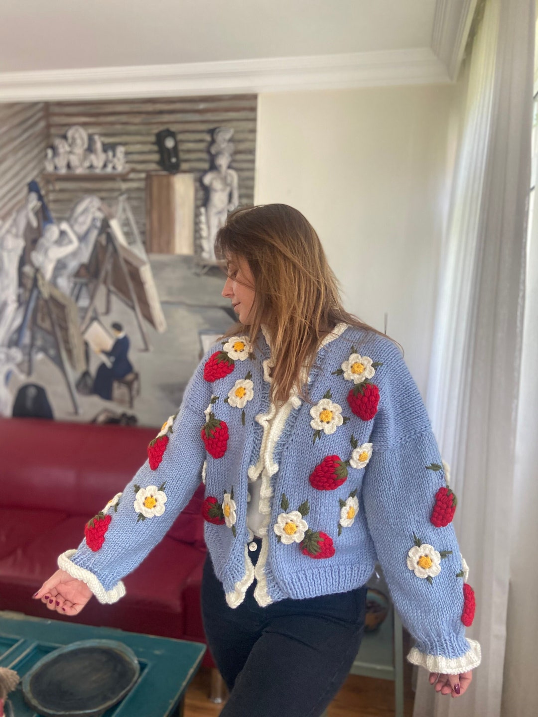 Blue Daisy Strawberry Cardigan Handmade Floral Sweater Bloom Knit ...