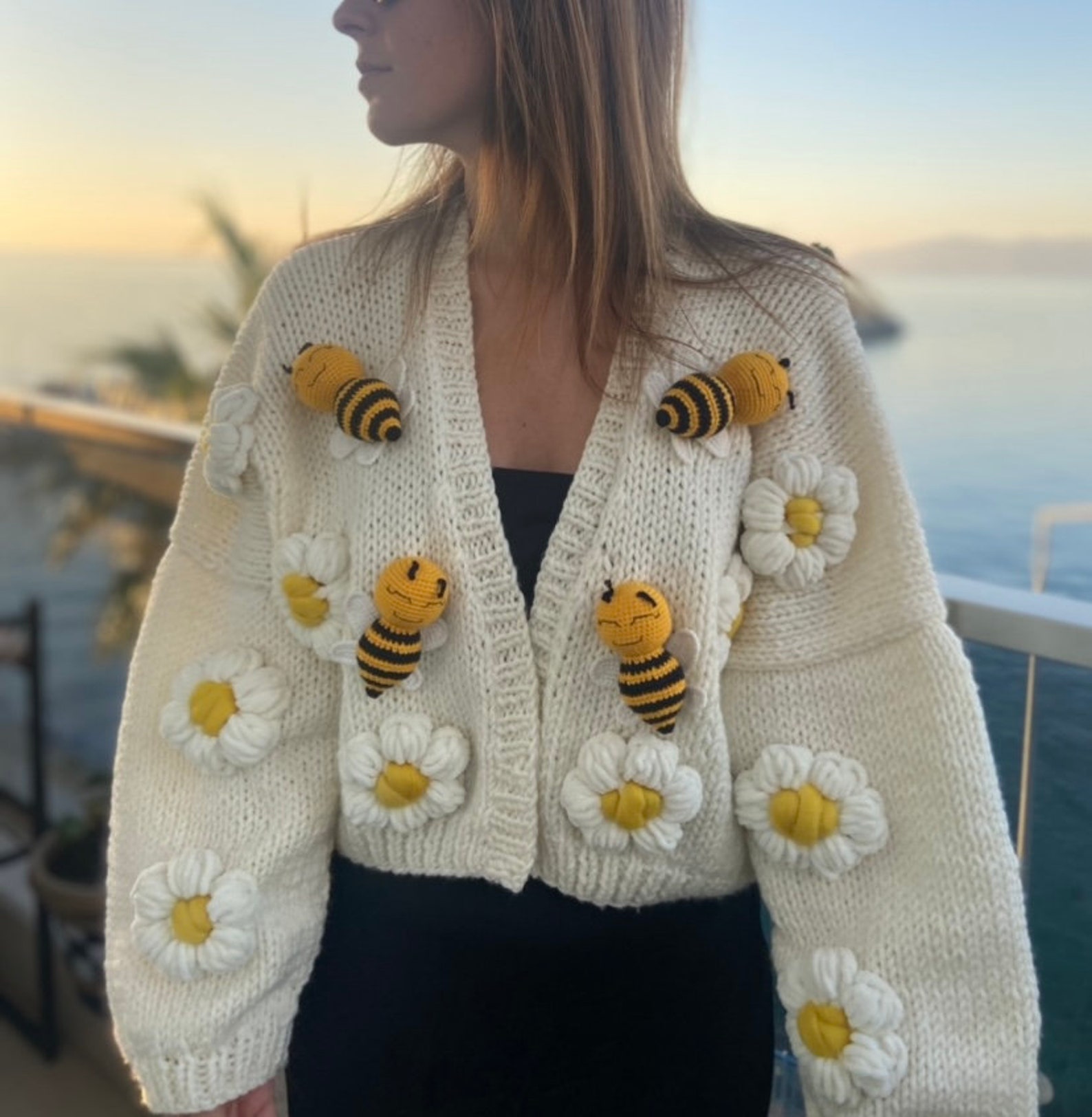 Bee Flower Jacket Chunky Floral Bee Cardigan Knitted 3D Bee Velvet ...