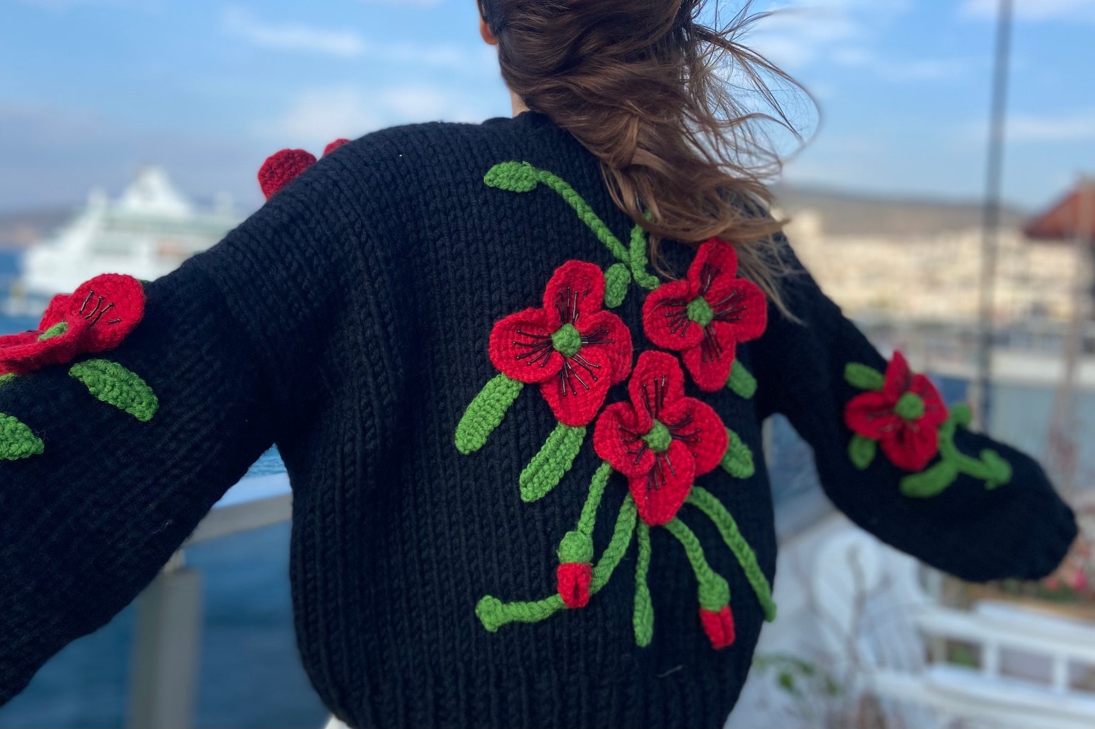 Poppy Cardigan | Handmade Poppies Jacket | Knitted 3D Poppy Sweater ...