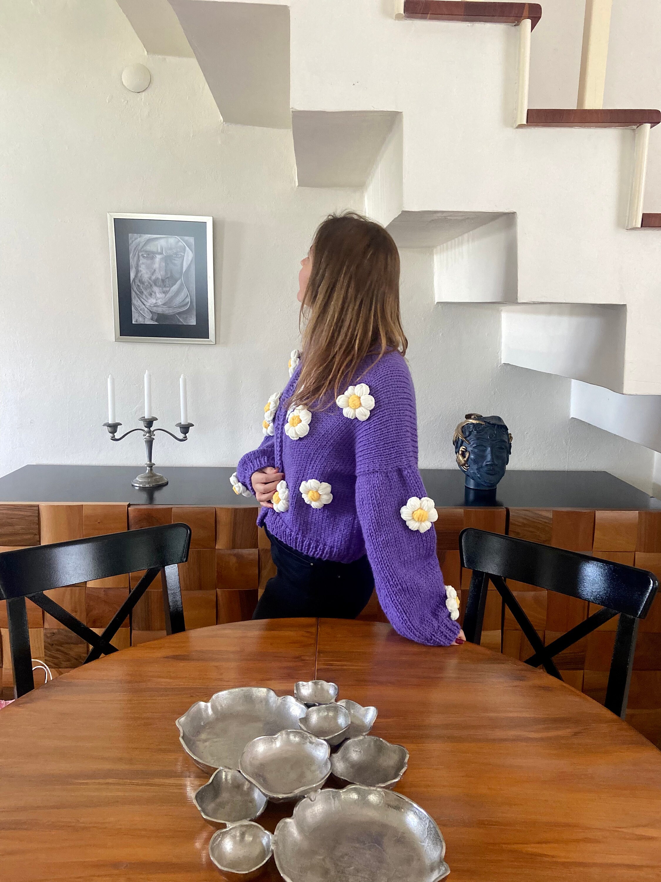 Purple Daisy Knit Cardigan | Handmade Floral Sweater | Bloom Purple Daisy Knit Cardigan | Handmade Floral Sweater | Bloom