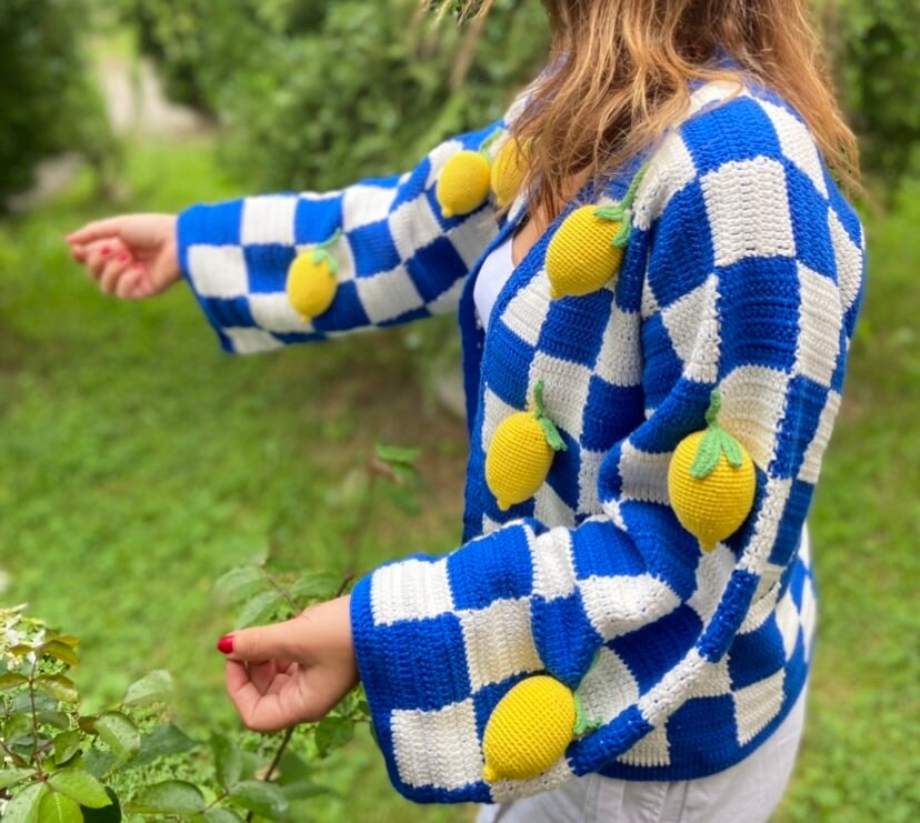 Blue White Checkered 3D Lemon Cardigan Italian Coast Inspired Jacket ...
