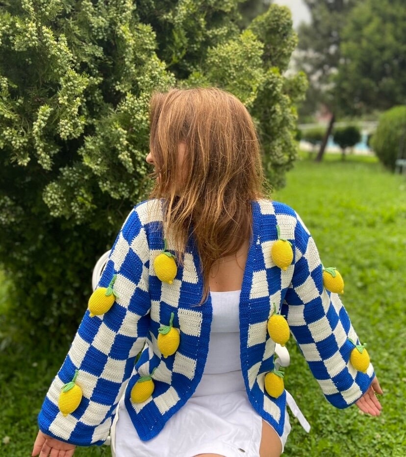 Blue White Checkered 3D Lemon Cardigan Italian Coast Inspired Jacket ...