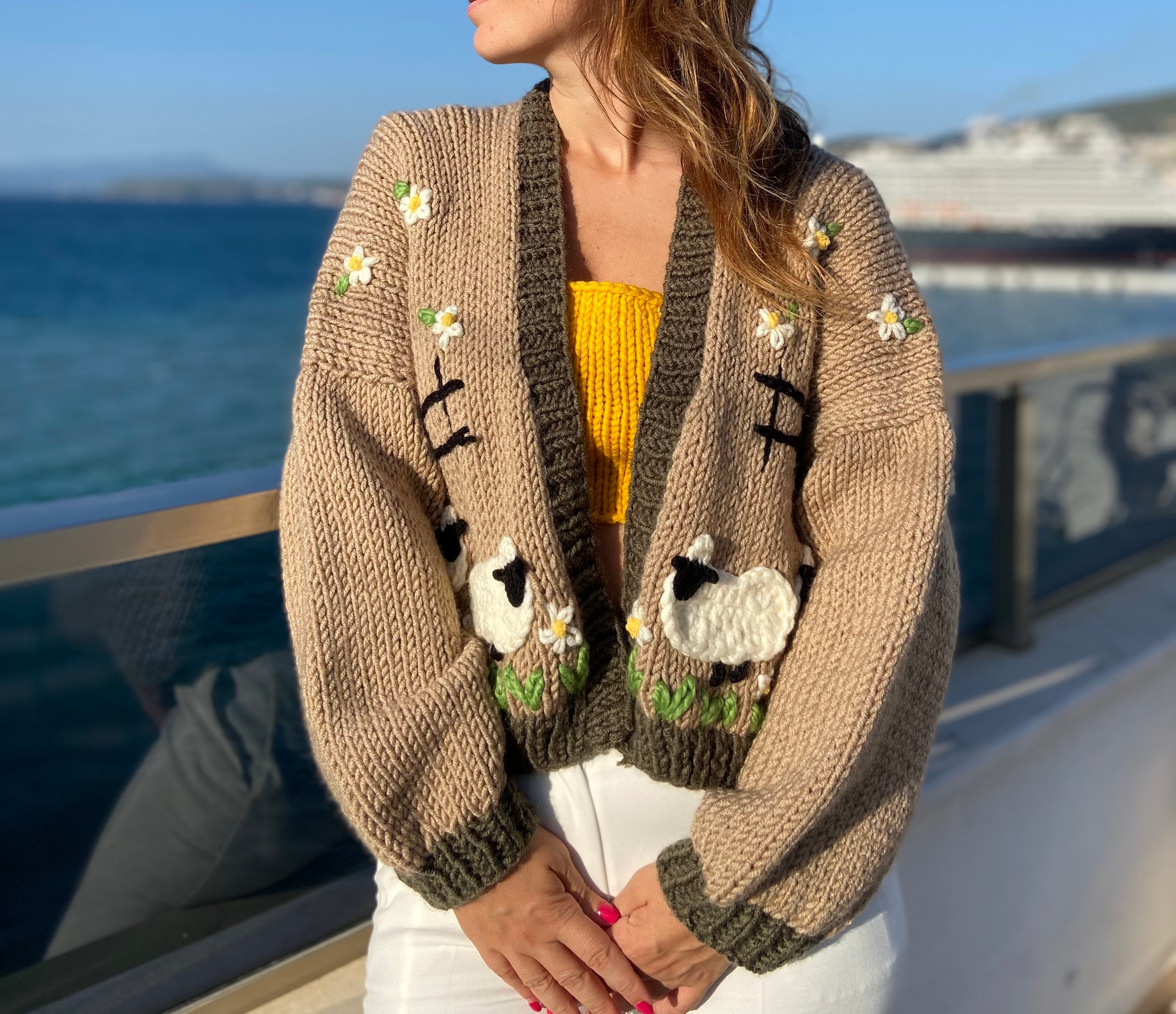 Sheep Daisy Cardigan Chunky Lamb Flower Jacket Natural Colour Knitted ...