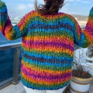 Striped Rainbow Jumper Chunky Colourful Stripes Jumper Knitted Sweater ...