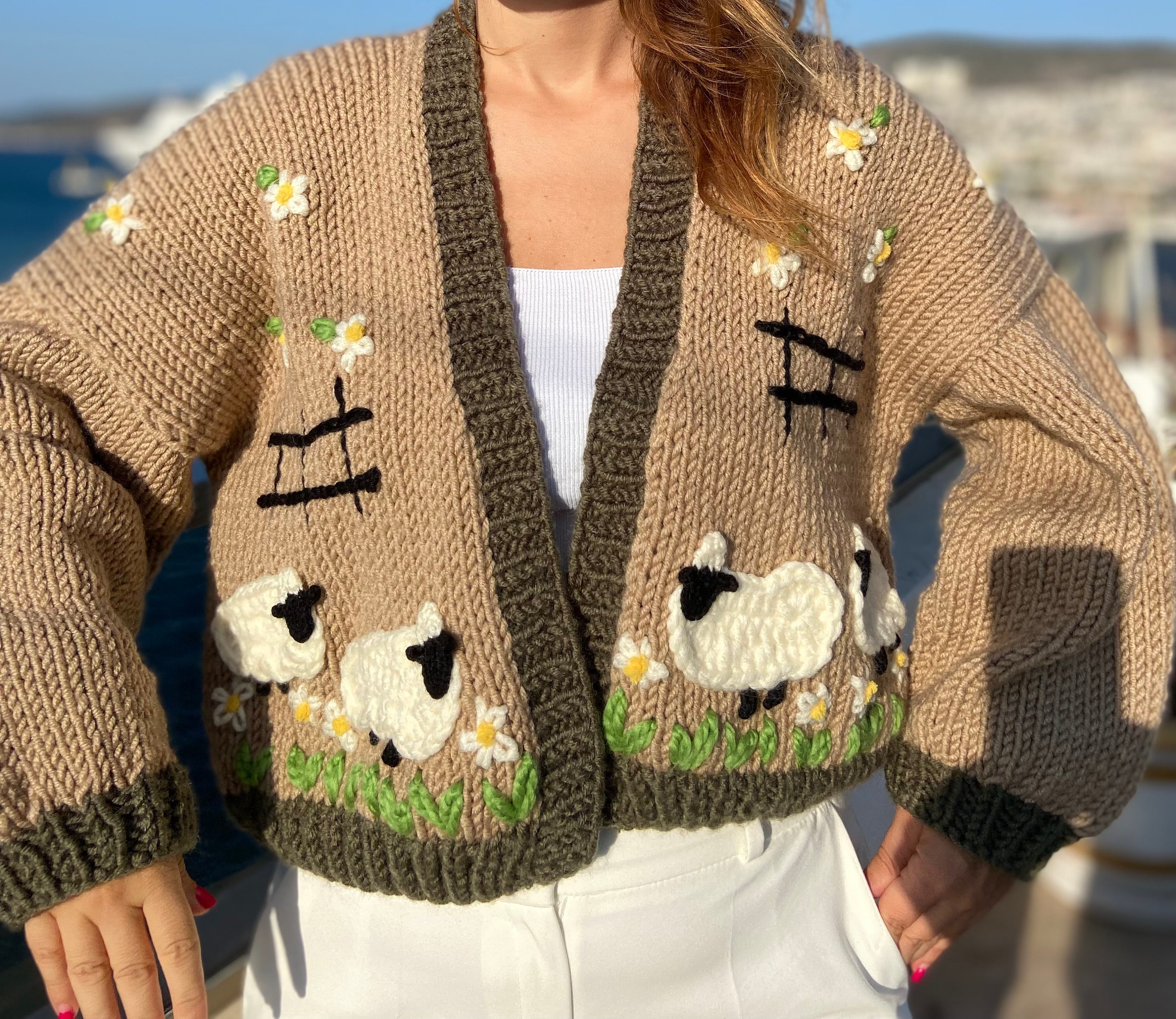 Sheep Daisy Cardigan Chunky Lamb Flower Jacket Natural Colour Knitted ...