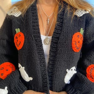 Handknit Halloween Cardigan: Pumpkin , Ghost, Skull & Spider Web ...
