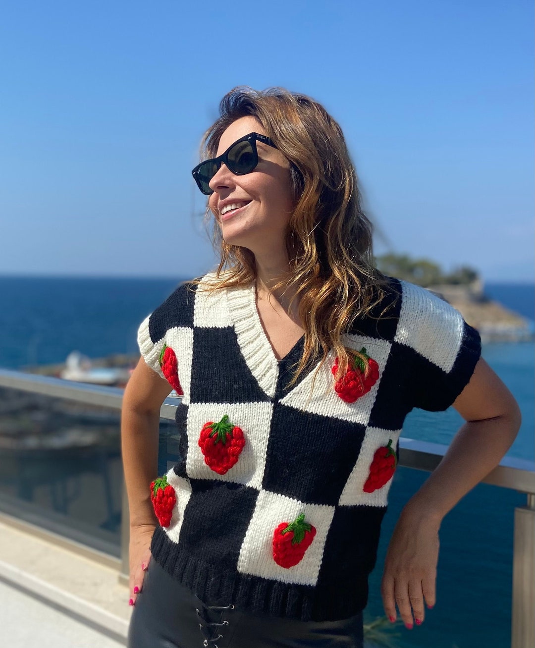 Wednesday Addams Inspired Strawberry Vest: Black & White Checkered Knit ...
