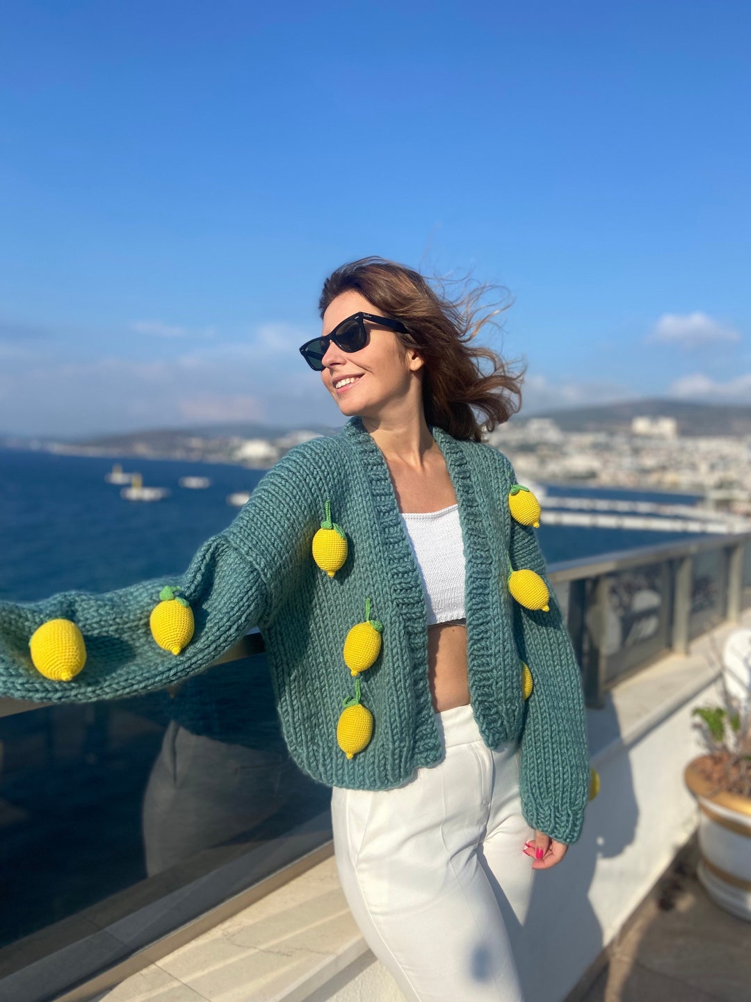 Lemon Cardigan Chunky 3D Lemon Jacket Green Knitted Sicilian Style ...
