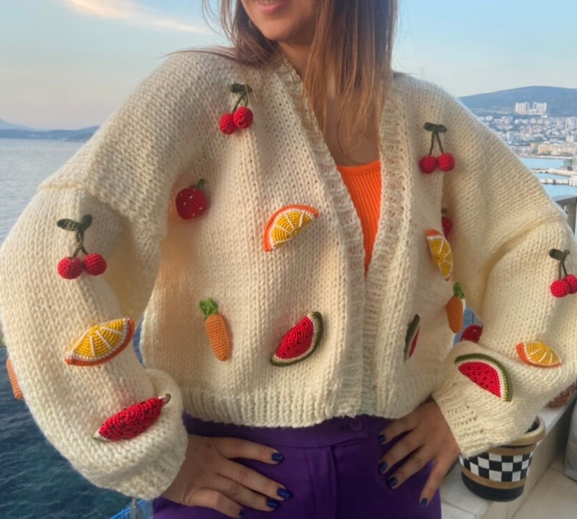 Strawberry Knit Jacket Cherry Cardigan Orange Crochet Pattern Knitted ...