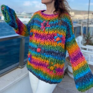 Striped Rainbow Jumper Chunky Colourful Stripes Jumper Knitted Sweater ...