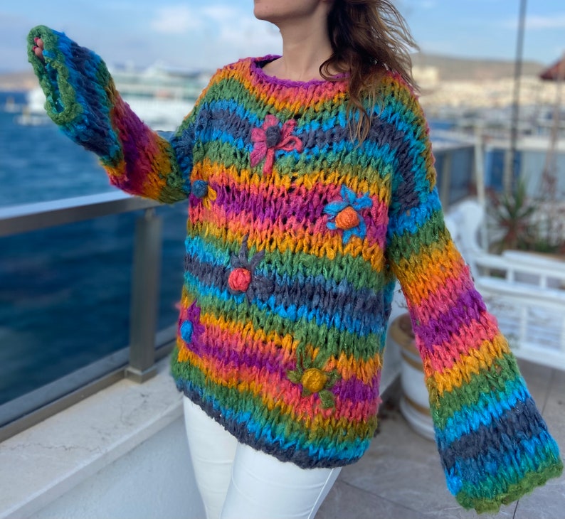 Striped Rainbow Jumper Chunky Colourful Stripes Jumper Knitted Sweater ...