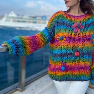 Striped Rainbow Jumper Chunky Colourful Stripes Jumper Knitted Sweater ...