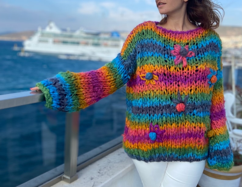 Striped Rainbow Jumper Chunky Colourful Stripes Jumper Knitted Sweater ...