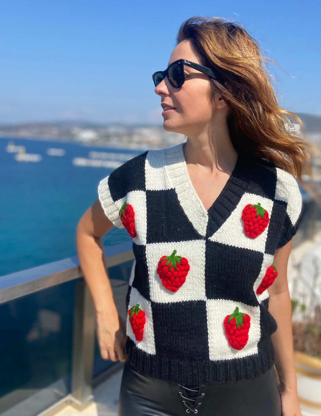 Black White Checkered Vest of Wednesday Addams With Strawberries Iconic ...