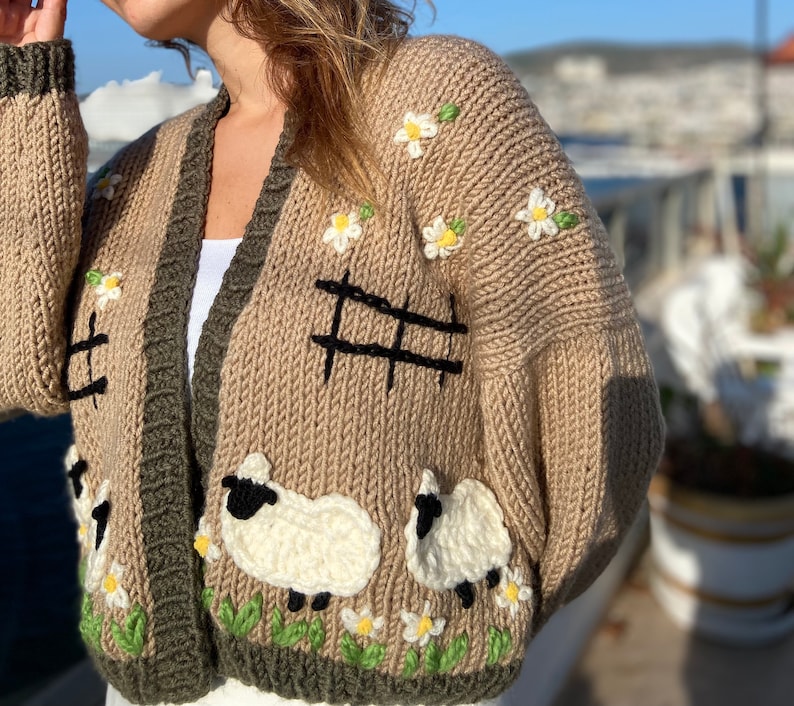 Sheep Daisy Cardigan Chunky Lamb Flower Jacket Natural Colour Knitted ...