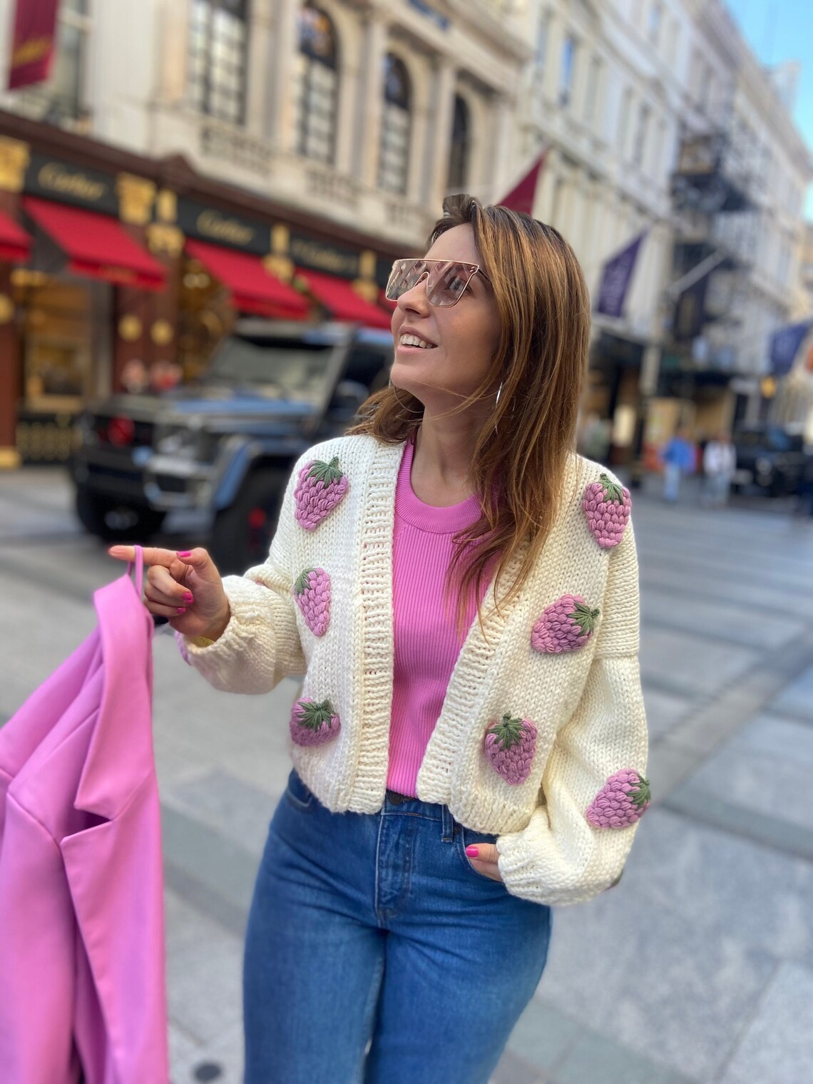 Strawberry Cardigan Pink Strawberry Jacket Handmade Chunky Sweater ...