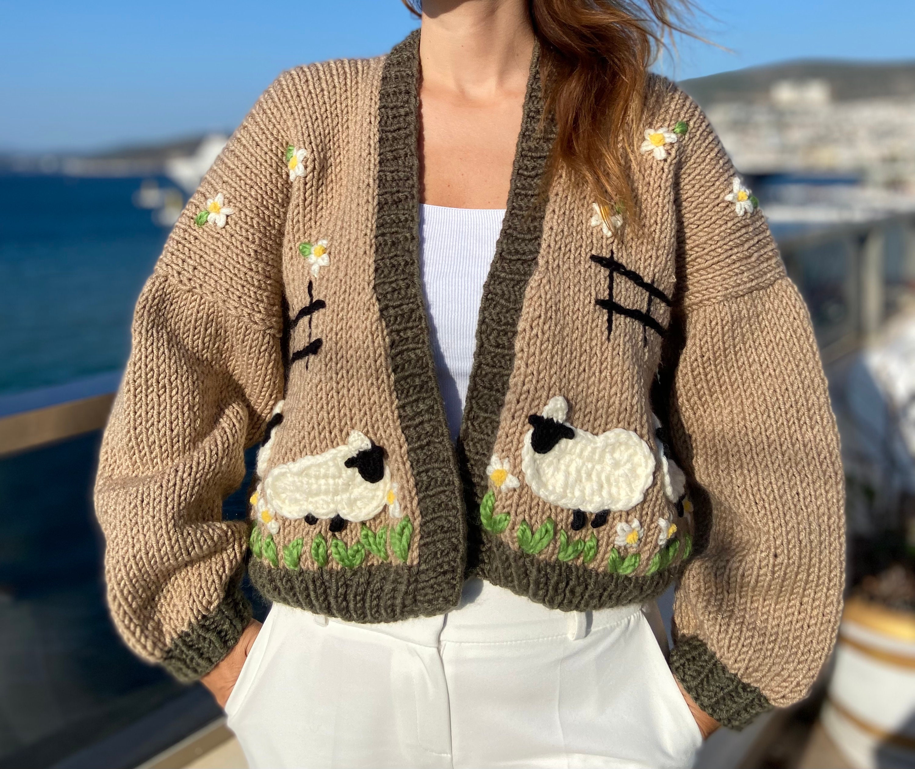 Sheep Daisy Cardigan Chunky Lamb Flower Jacket Natural Colour Knitted ...