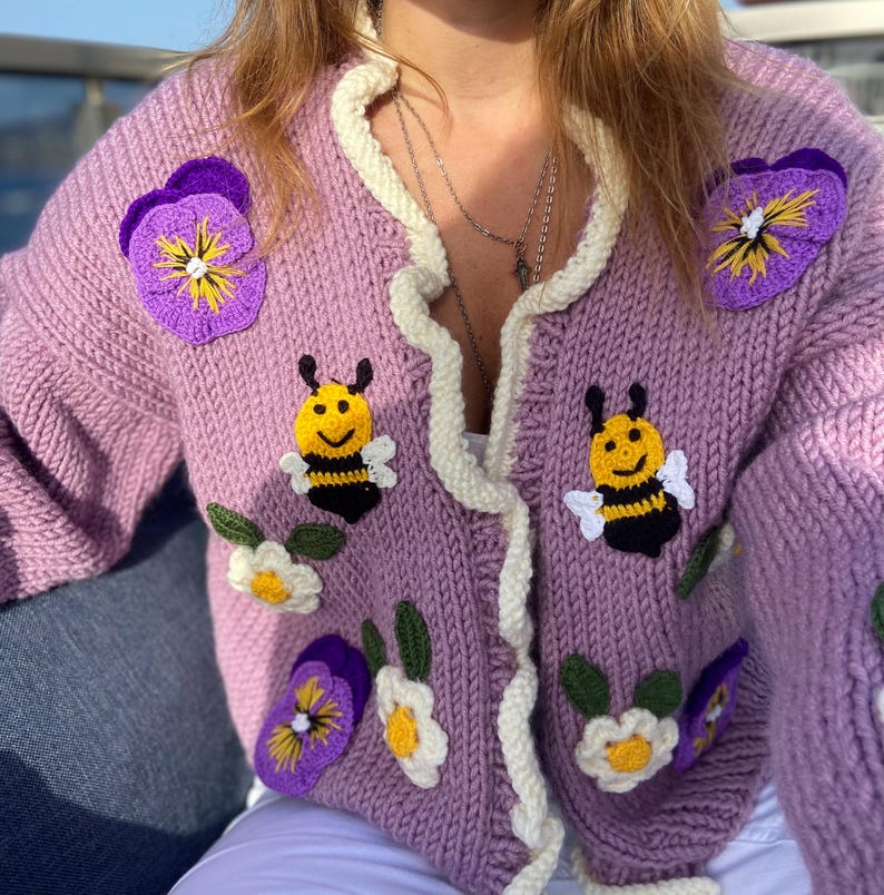 Crochet Bee Cardigan: Chunky Knit Wool Daisy Pansy Sweater - Etsy