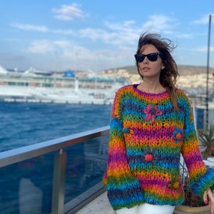 Striped Rainbow Jumper Chunky Colourful Stripes Jumper Knitted Sweater ...