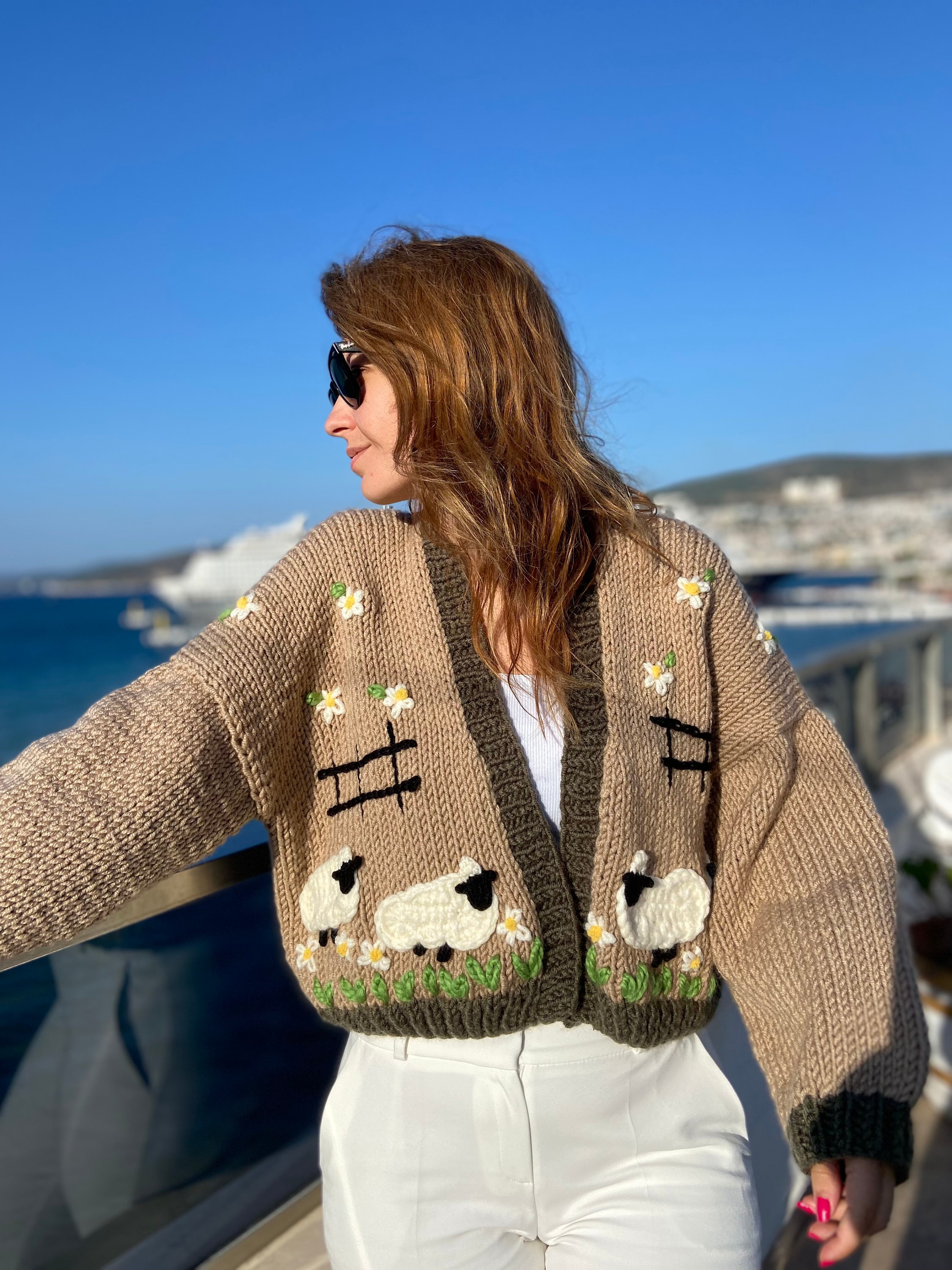 Sheep Daisy Cardigan Chunky Lamb Flower Jacket Natural Colour Knitted ...