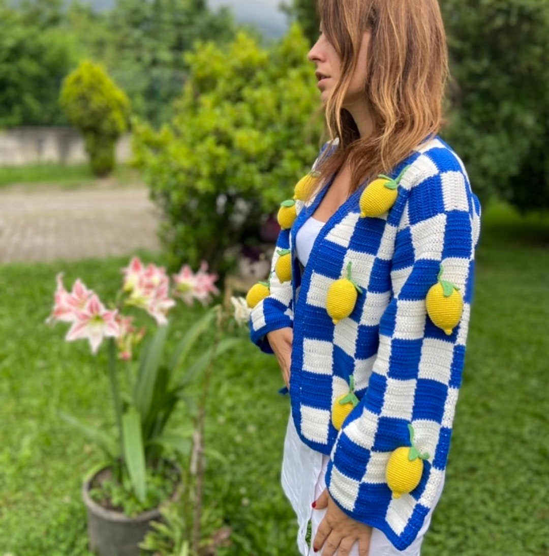 Handmade Blue White Checkered 3D Lemon Cardigan Italian Coast Inspired ...
