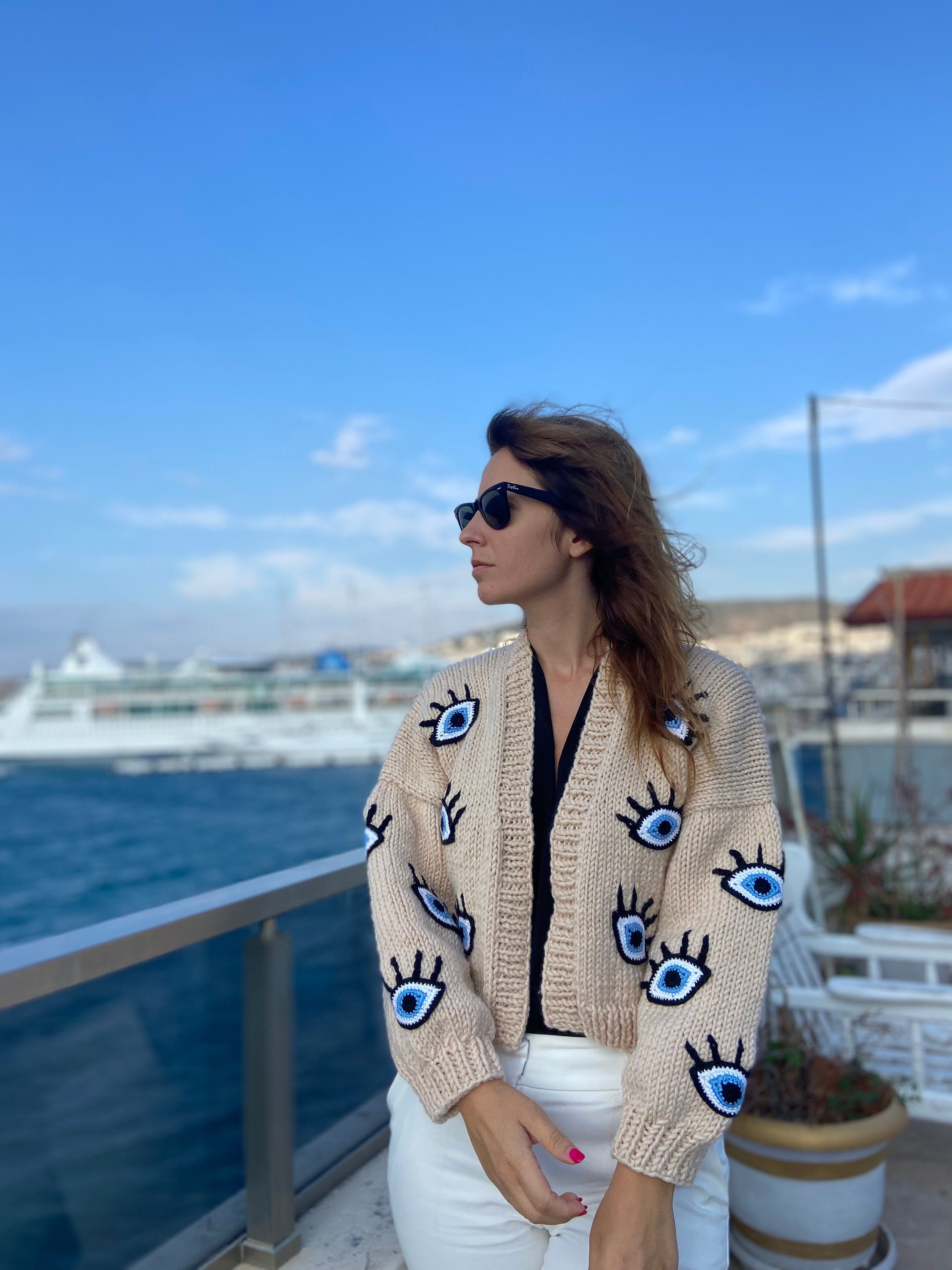 Evil Eye Bead Cardigan Chunky Knit Nazar Jacket Knitted 3D Turkish Evil ...