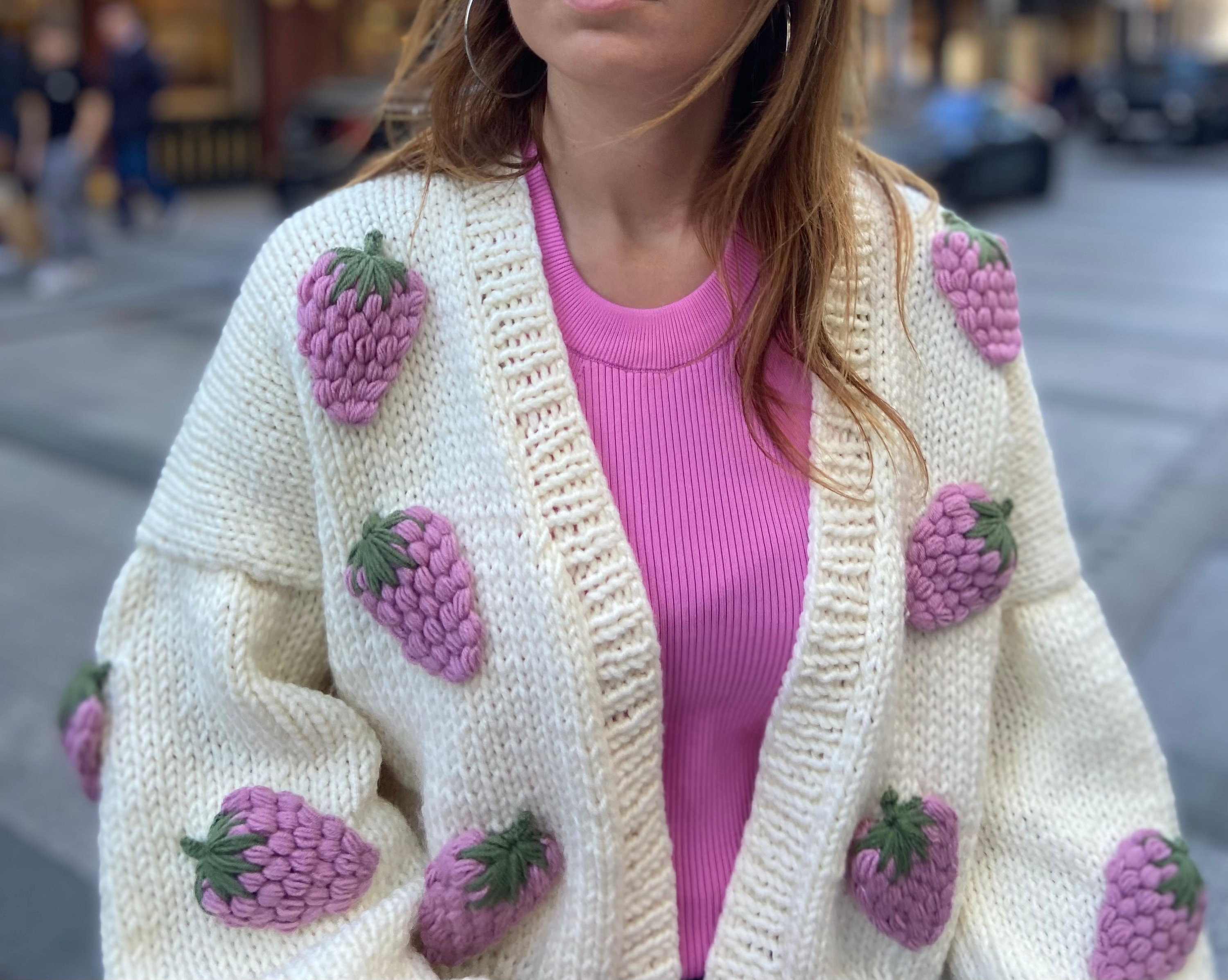 Strawberry Cardigan Pink Strawberry Jacket Handmade Chunky Sweater ...