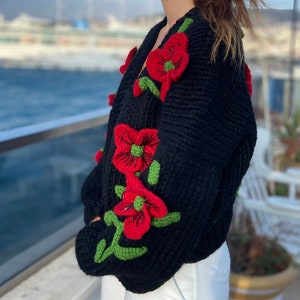 Poppy Cardigan | Handmade Poppies Jacket | Knitted 3D Poppy Sweater ...
