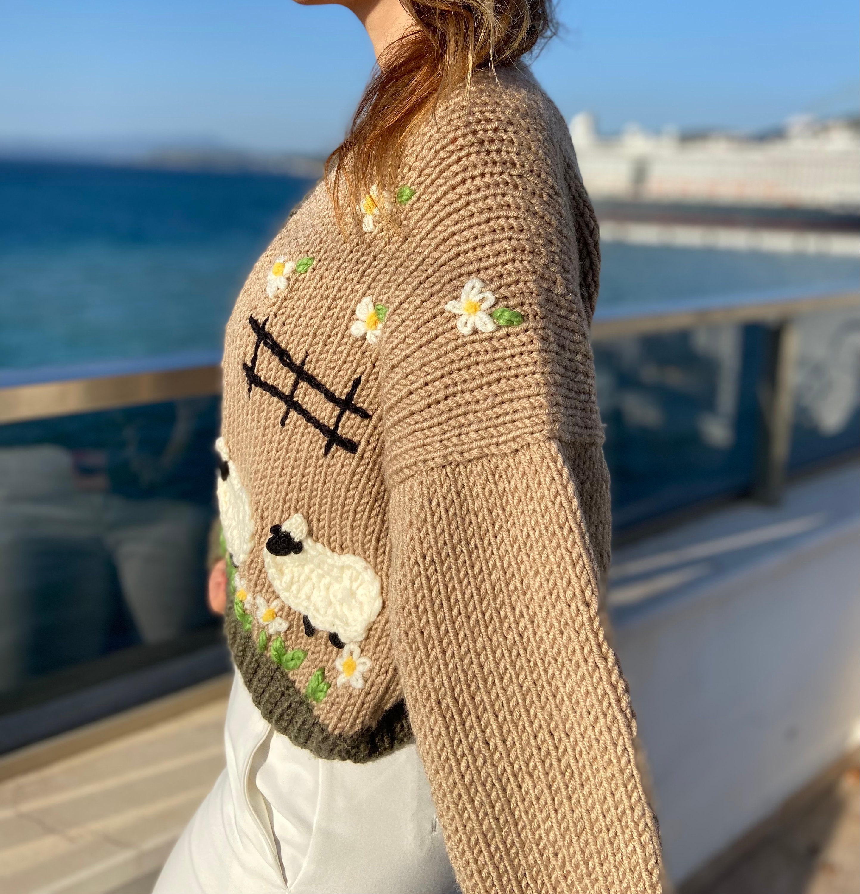 Sheep Daisy Cardigan Chunky Lamb Flower Jacket Natural Colour Knitted ...