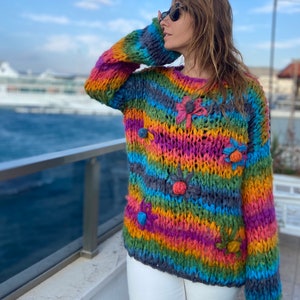 Striped Rainbow Jumper Chunky Colourful Stripes Jumper Knitted Sweater ...