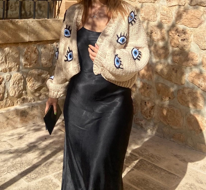 Evil Eye Bead Cardigan Chunky Knit Nazar Jacket Knitted 3D Turkish Evil ...