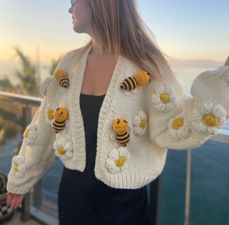 Bee Flower Jacket Chunky Floral Bee Cardigan Knitted 3D Bee Velvet ...
