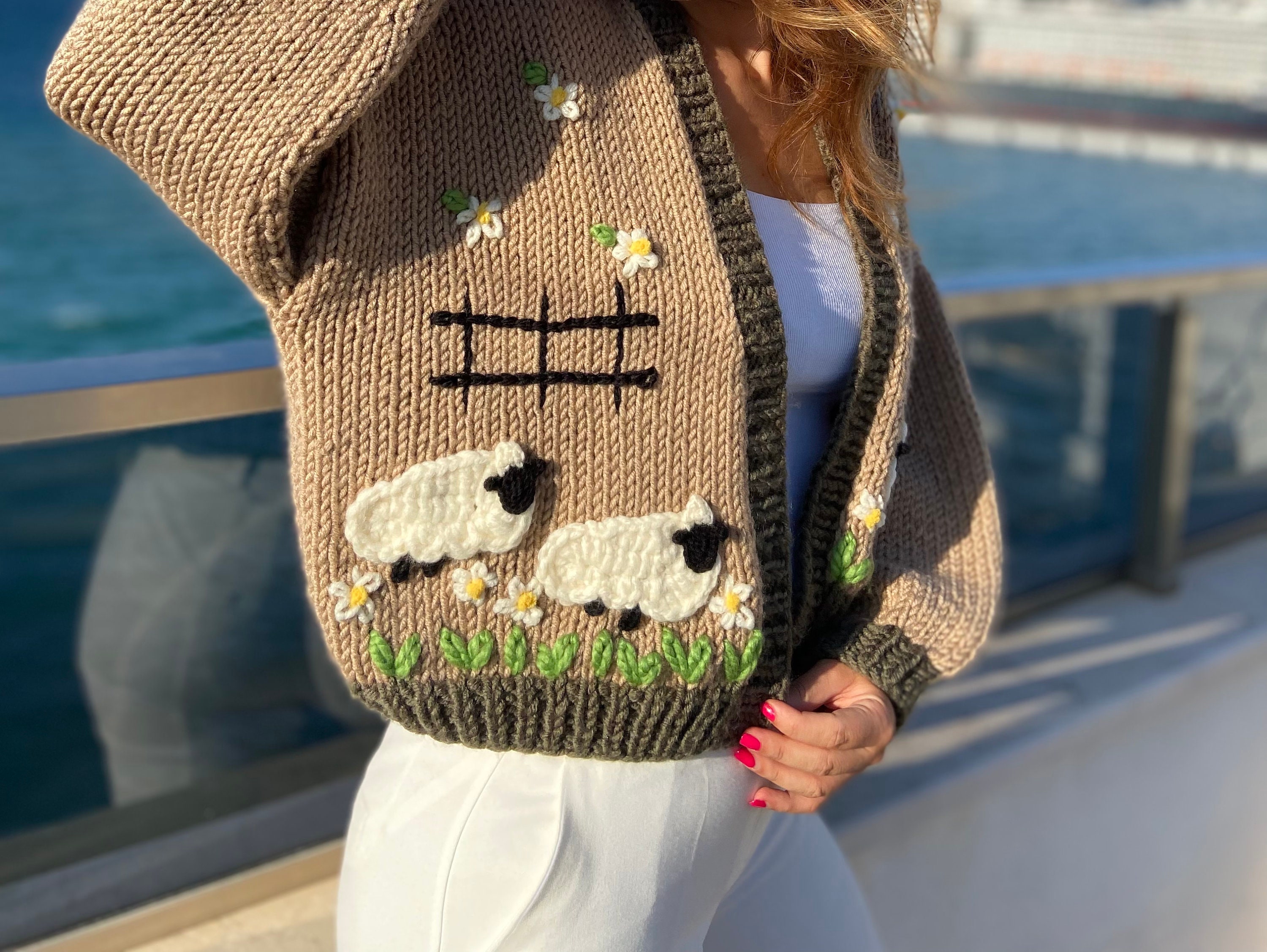 Sheep Daisy Cardigan Chunky Lamb Flower Jacket Natural Colour Knitted ...