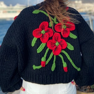 Poppy Cardigan | Handmade Poppies Jacket | Knitted 3D Poppy Sweater ...